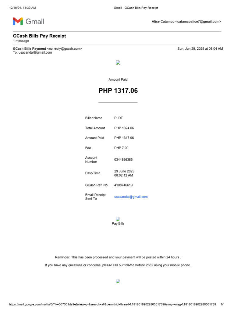 Gmail GCash Bills Pay Receipt | PDF