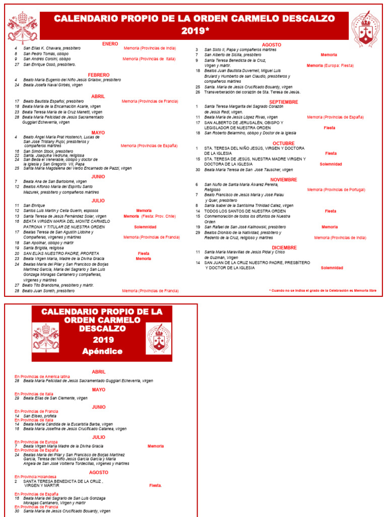 CALENDARIO PROPIO OCD 2019 Español | PDF | Teresa De Ávila | María ...