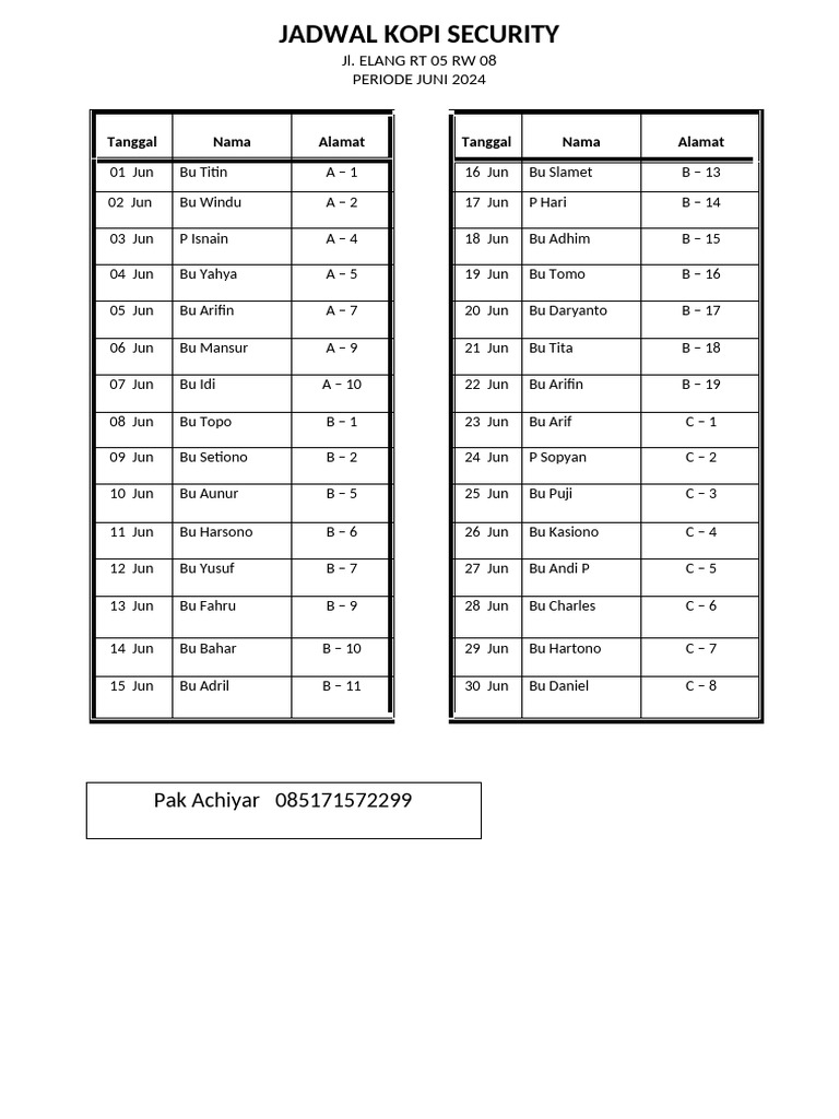 Jadwal Kopi Security Juni 2024 | PDF