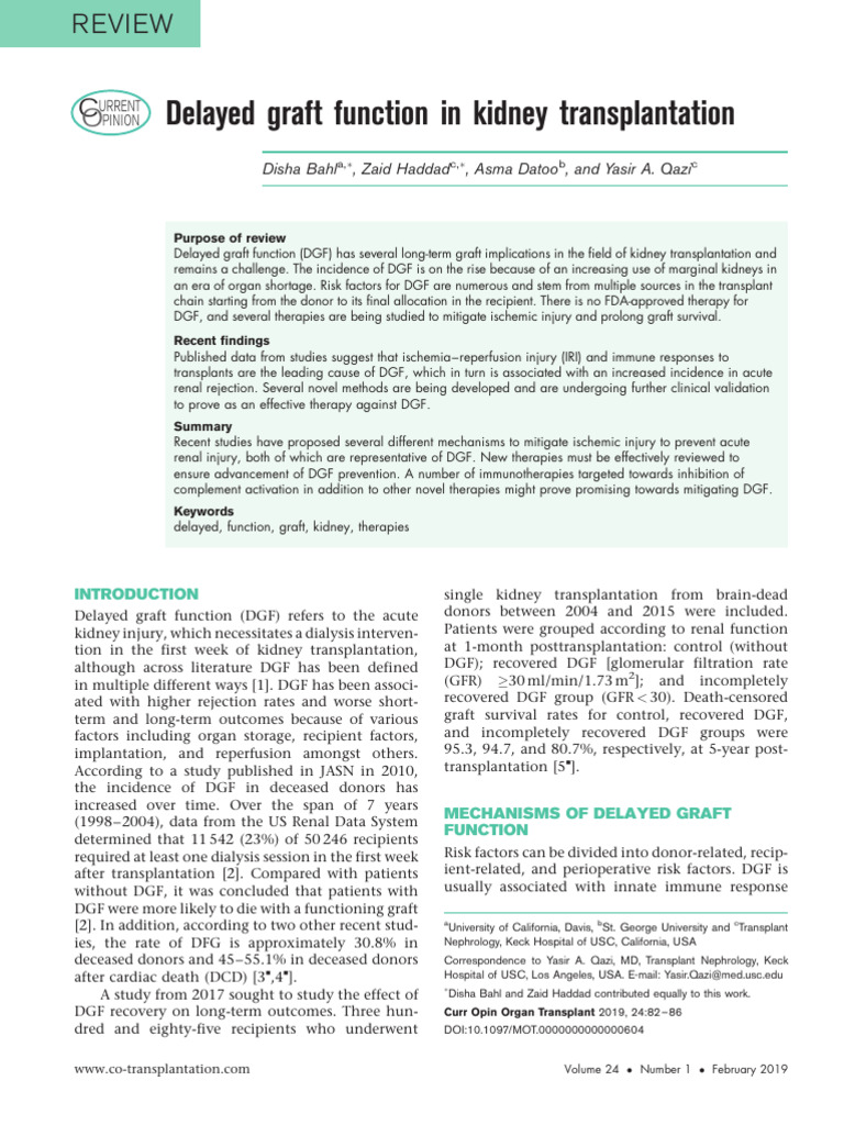 Delayed Graft Function in Kidney Transplants | PDF | Kidney ...