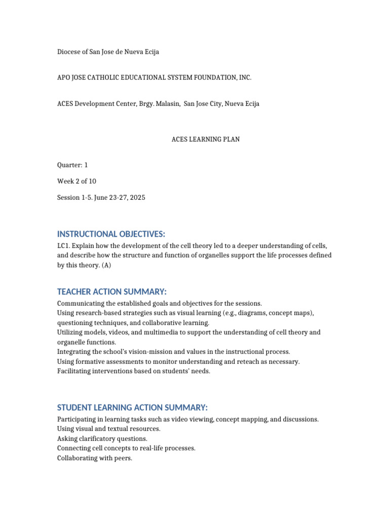 Bio11 Week2 ACES Learning Plan | PDF