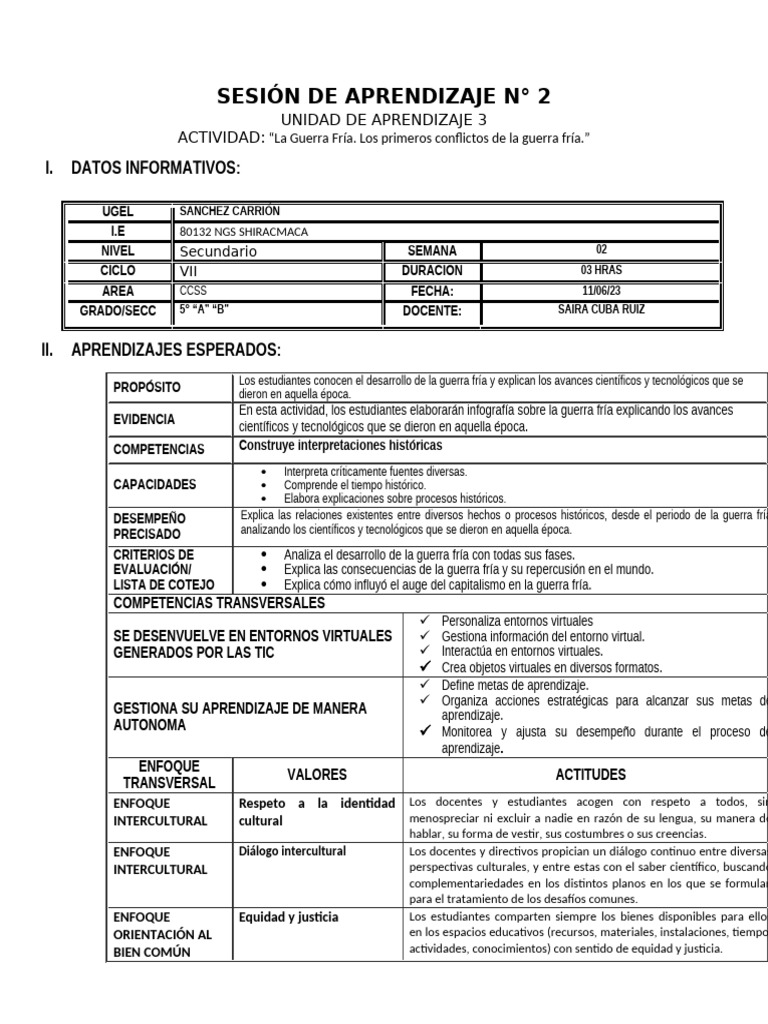 Sesion CCSS 5° Sec-Semana 02 Uni 3 | PDF | Enseñando | Guerra Fría