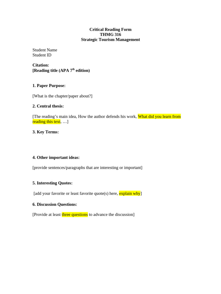 Critical Reading Form Template | PDF
