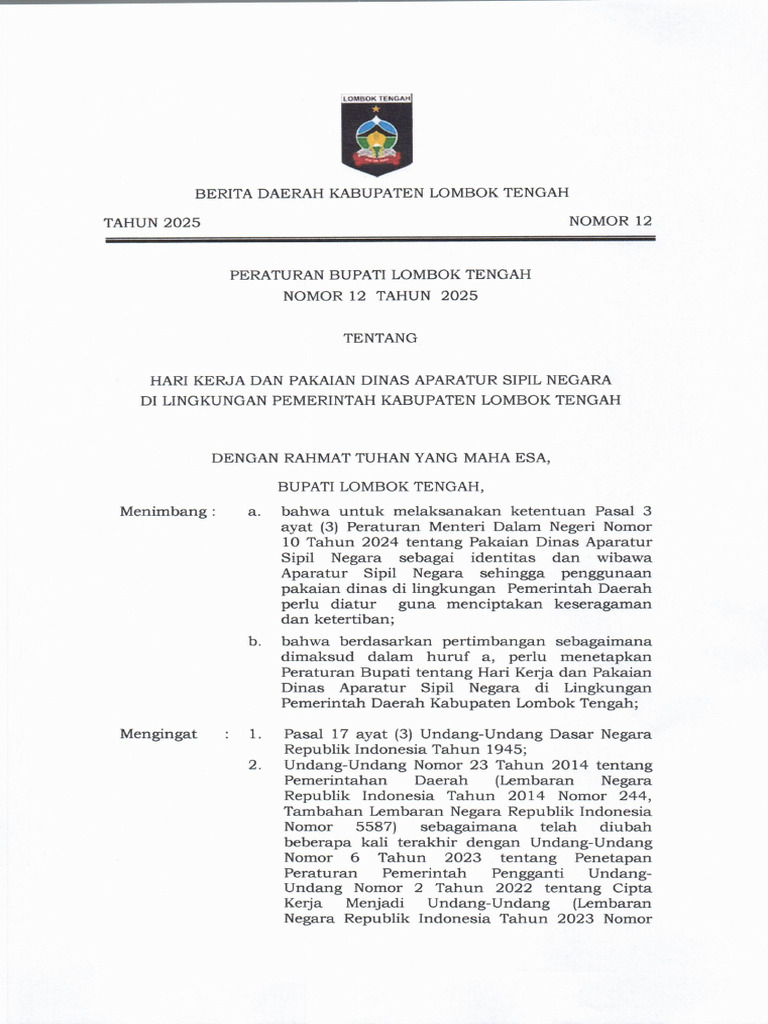 Perbup Nomor 12 Tahun 2025 Tentang Hari Kerja Dan Pakaian Dinas | PDF