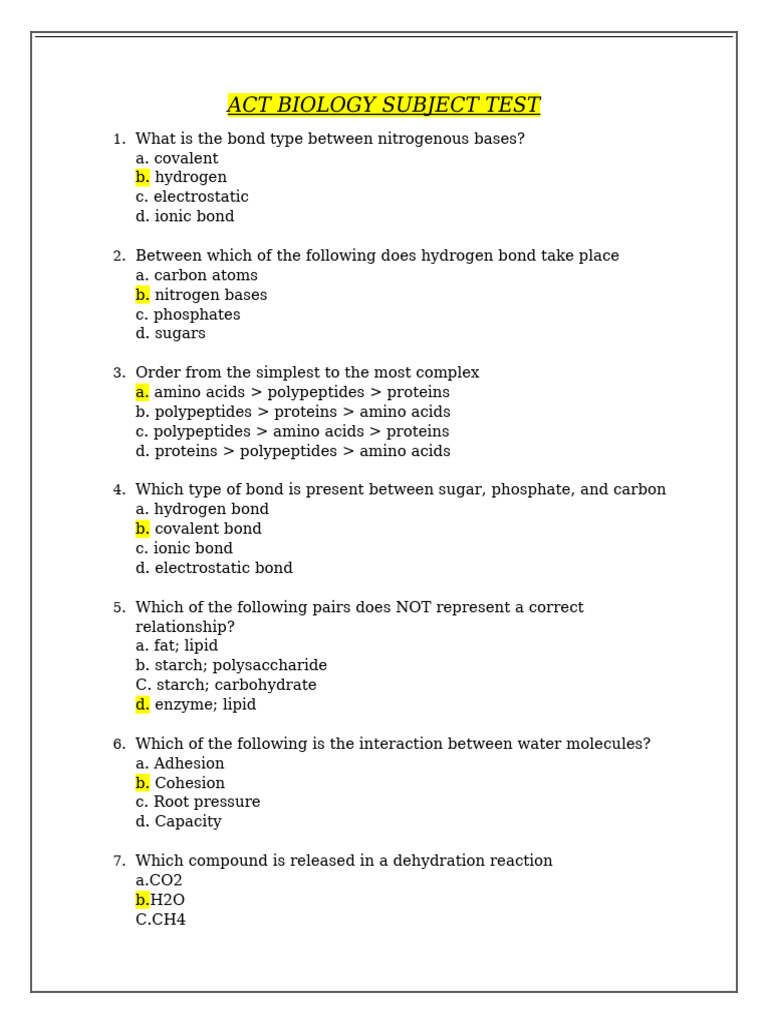 Act Biology Subject Test | PDF | Chemical Bond | Cell (Biology)