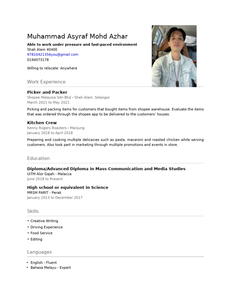 Muhammad Asyraf's Work Experience & Skills | PDF