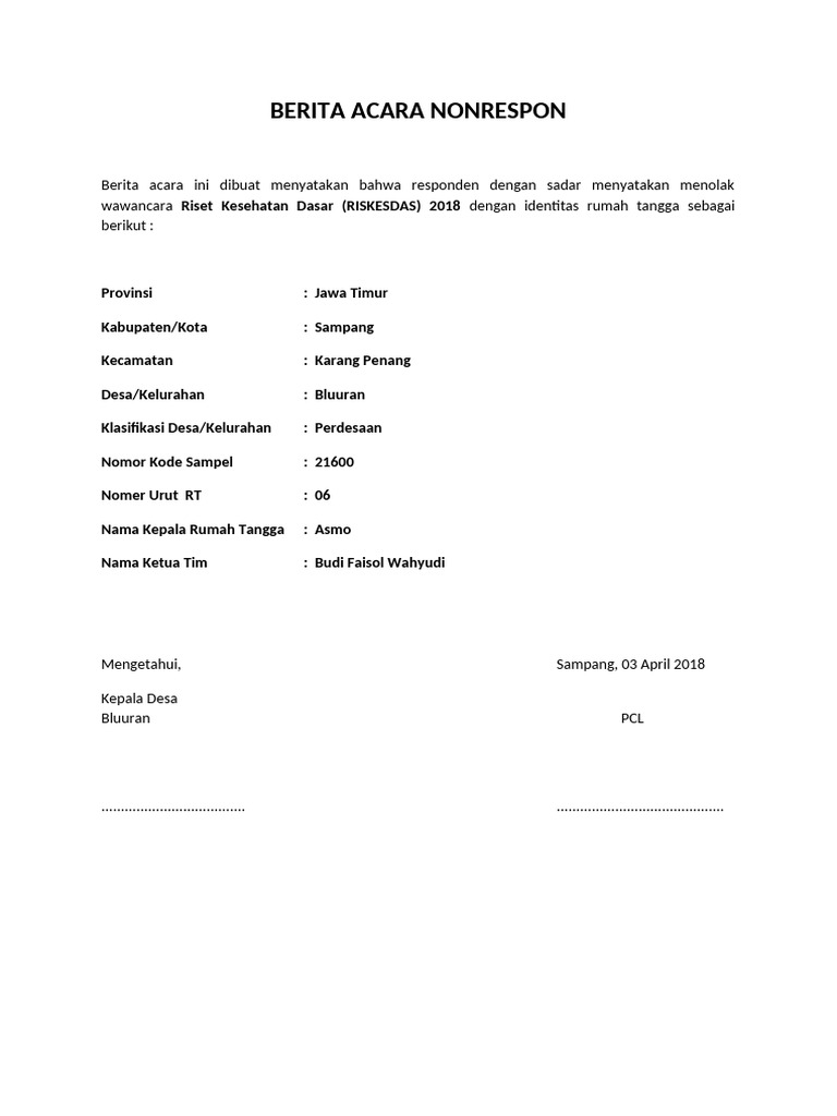 Berita Acara Penolakan RISKESDAS 2018 | PDF