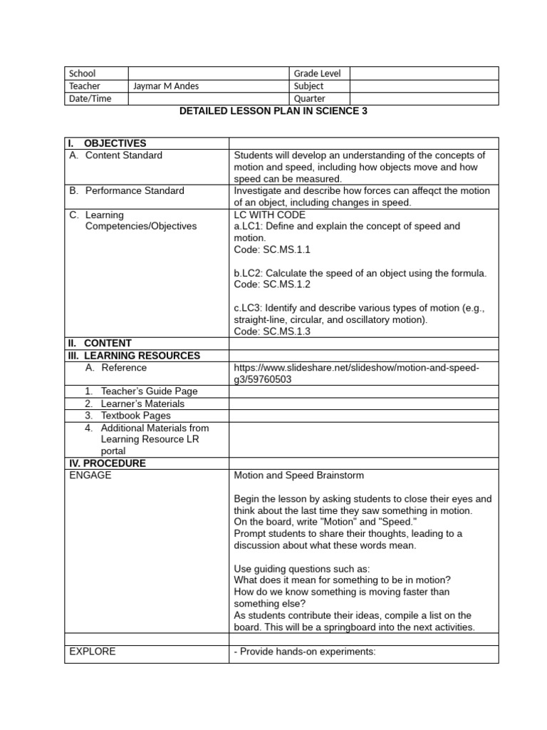 Lesson Plan Format in Science | PDF | Experiment | Lesson Plan