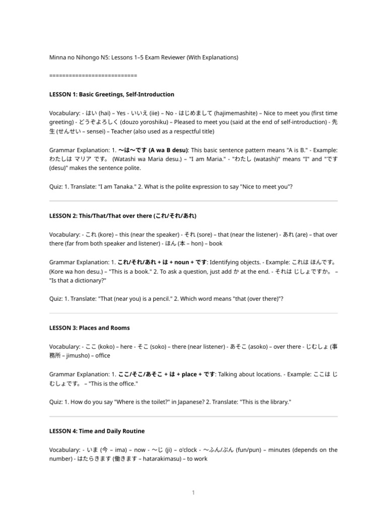 Minna N5 Exam Reviewer | PDF | Japanese Language | Linguistics