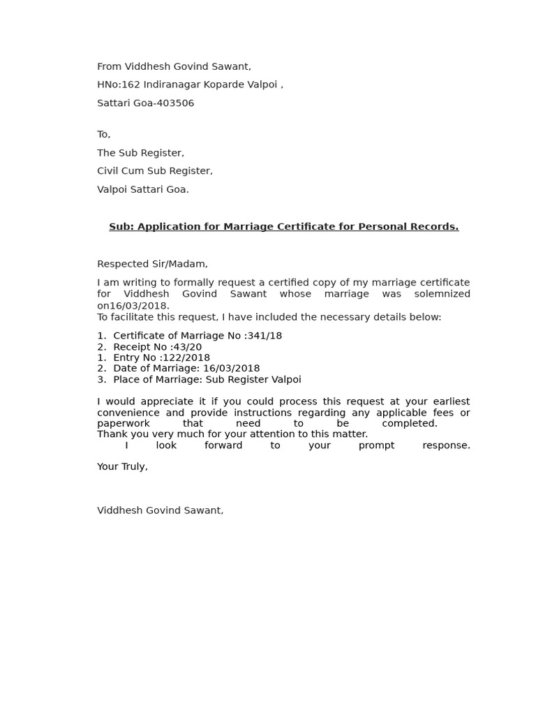Marriage Certificate Request - Gujarat | PDF