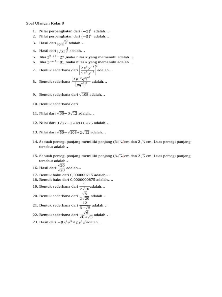 Soal Ulangan Matematika Kelas 8 | PDF