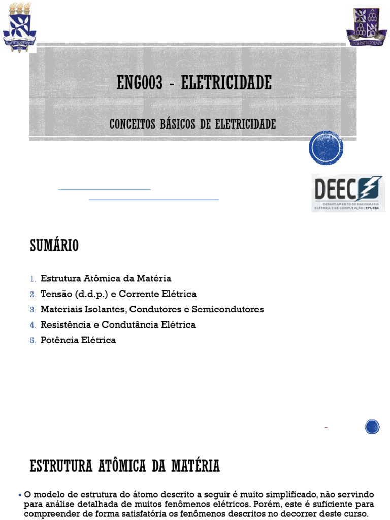 Aula 01 - Conceitos Básicos de Eletricidade | PDF | Eletricidade | Resistência elétrica e ...