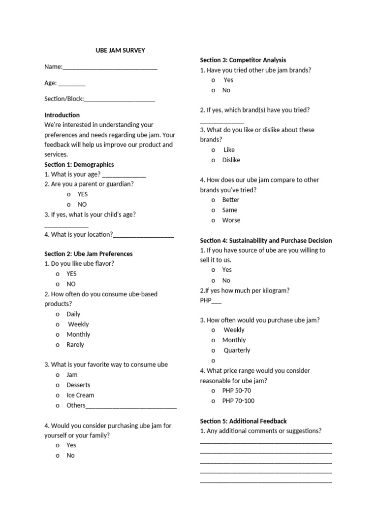 Ube Jam Consumer Preference Survey | PDF