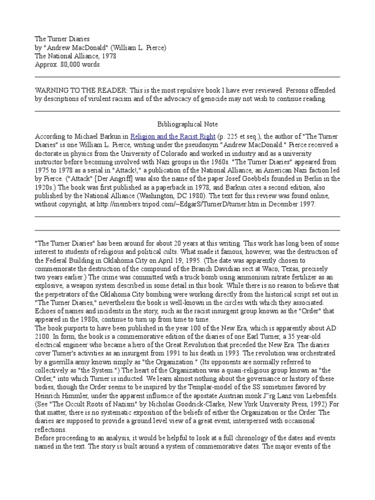 Turner Diaries | PDF | Unrest | Crime Thriller