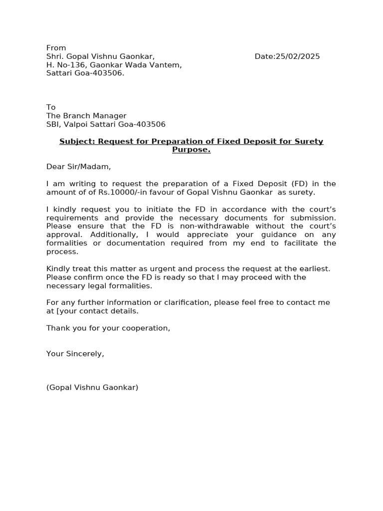 Fixed Deposit Request for Surety | PDF
