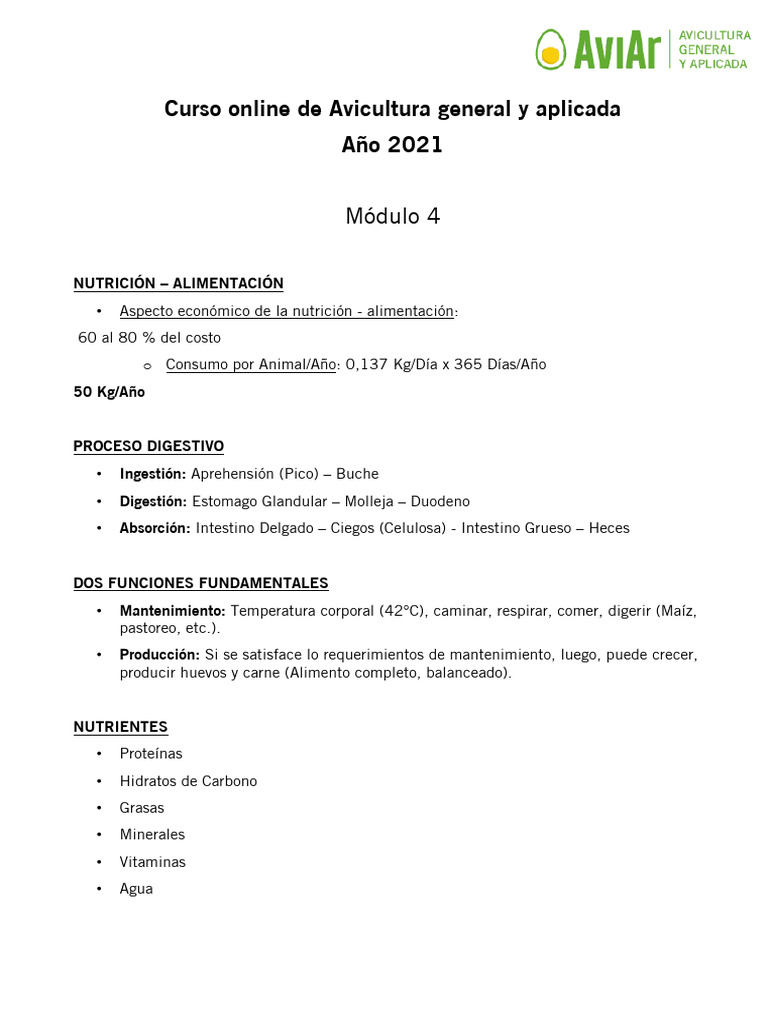 Apunte Módulo 4 Curso AviAr Alimentacion | PDF | Digestión | Alimentos
