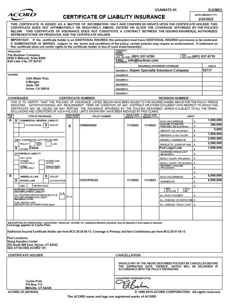 Certificate of Liability Insurance Details | PDF | Insurance | Business