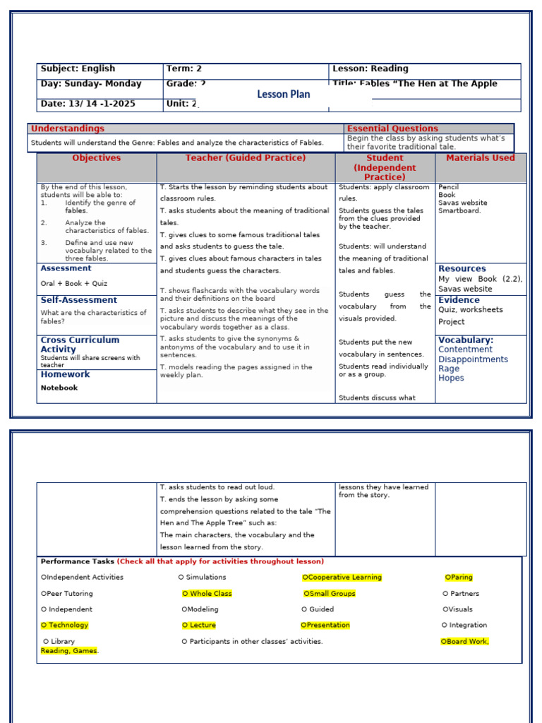 Lesson Plan - Myview Grade 2 - Fables | PDF | Lesson Plan | Verb