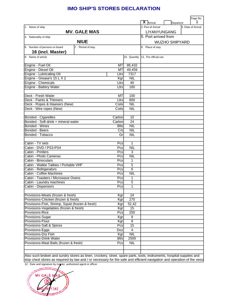 MV Gale Mas Arrival and Stores Declaration | PDF