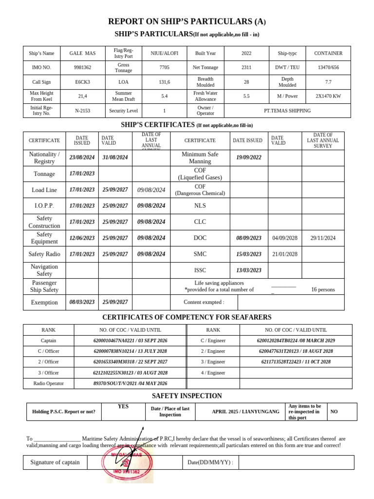 Report On Ship's Particular (A) Gale Mas | PDF | Tonnage | Freight ...