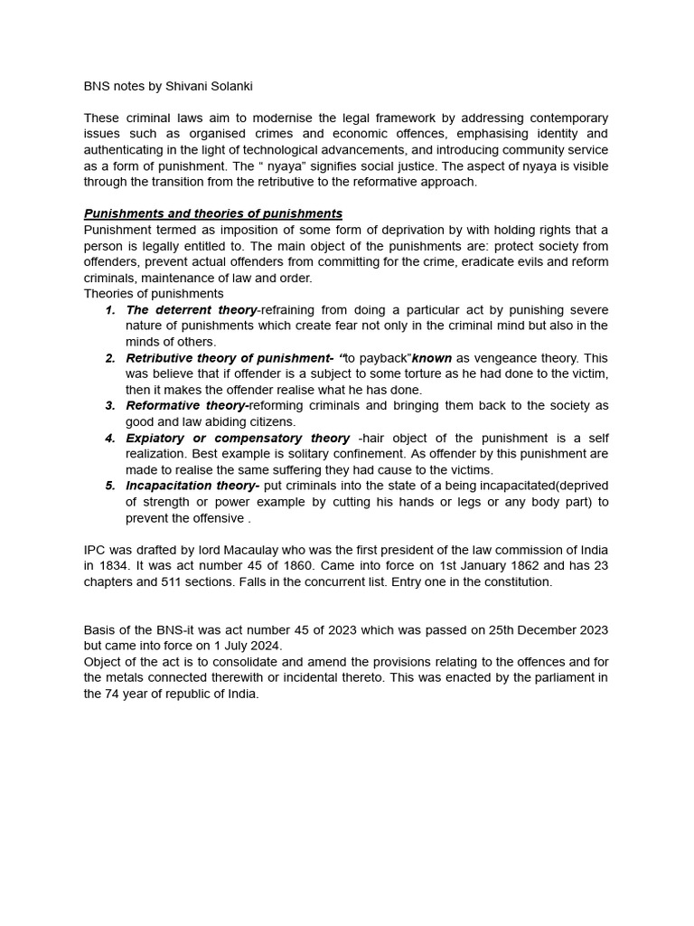 BNS Notes by Shivani Solanki | PDF