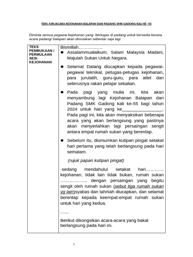 Teks Juruacara Kejohanan Balapan Dan Padang SMK Ga | PDF