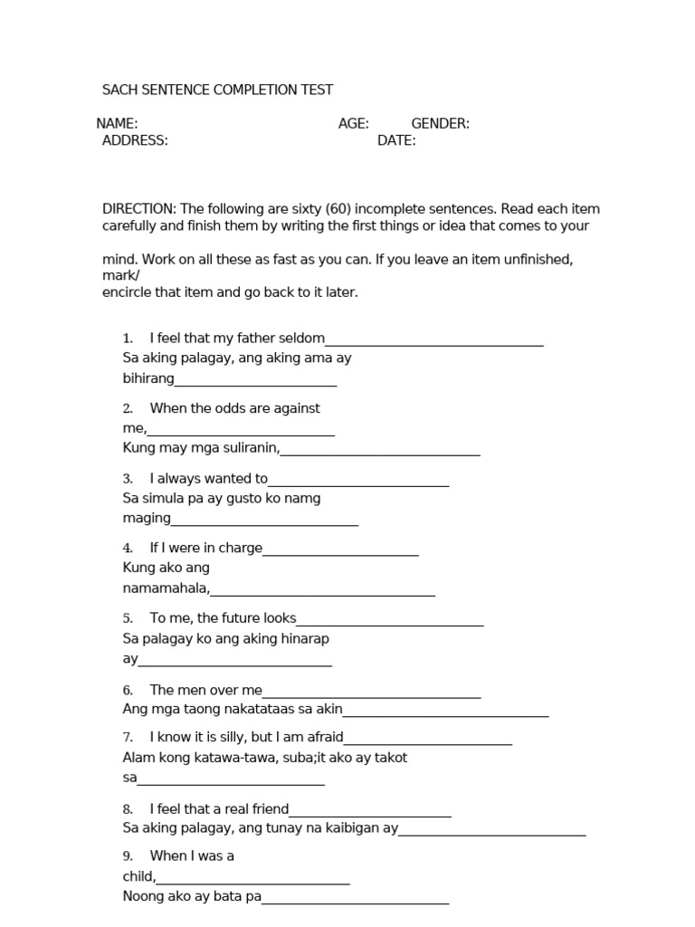 Sack Sentence Completion Test | PDF