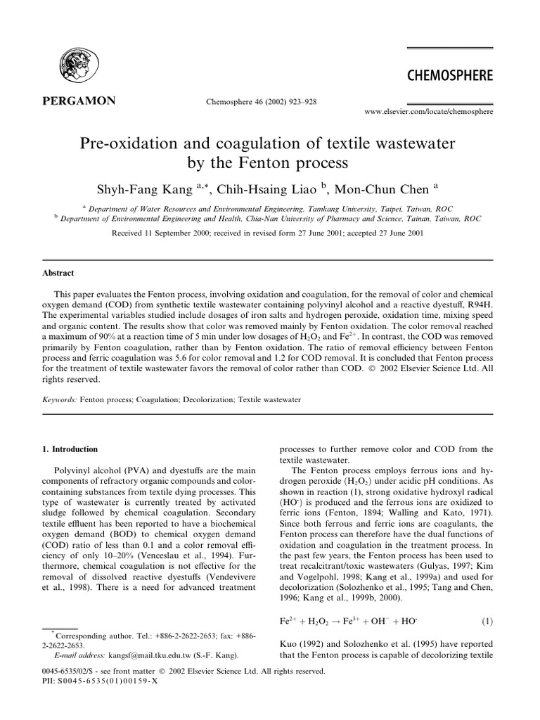 Pre Oxidation and Coagulation of Textile Wastewater by The Fenton ...