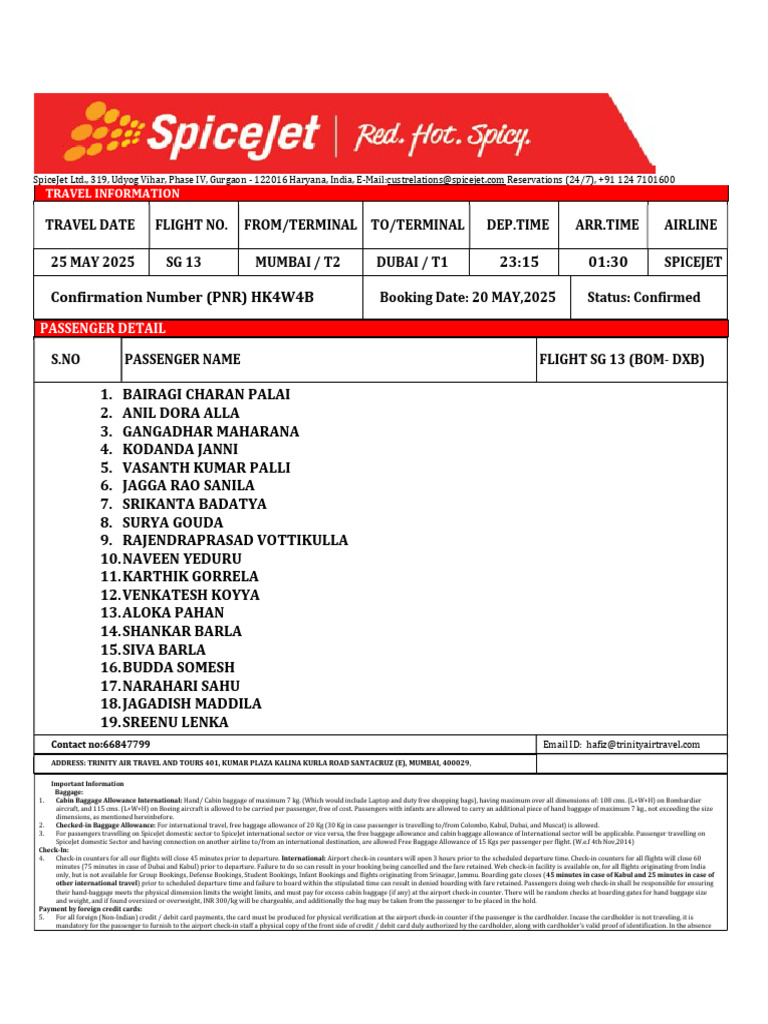 25-05-2025 Spicejet Bom-Dxb Pax 19 LR | PDF | Credit Card | Identity ...