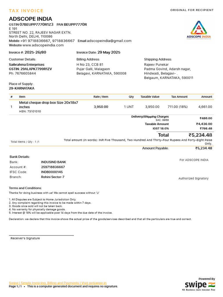 Invoice for Metal Cheque Drop Box | PDF | Invoice | Payments