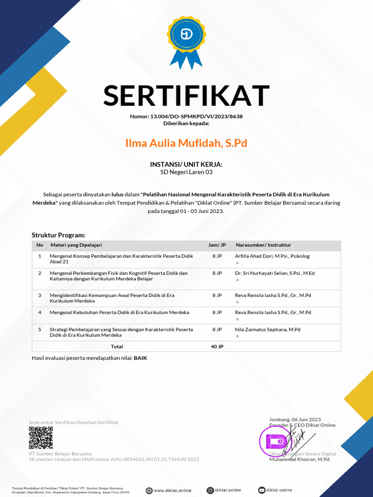 Sertifikat Ilma - Pelatihan Nasional Mengenal Karakteristik Peserta Didik Di Era Kurikulum | PDF