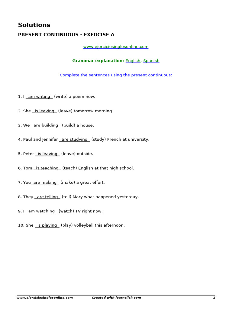 Presente Continuo - Ejercicio A - Soluciones | PDF