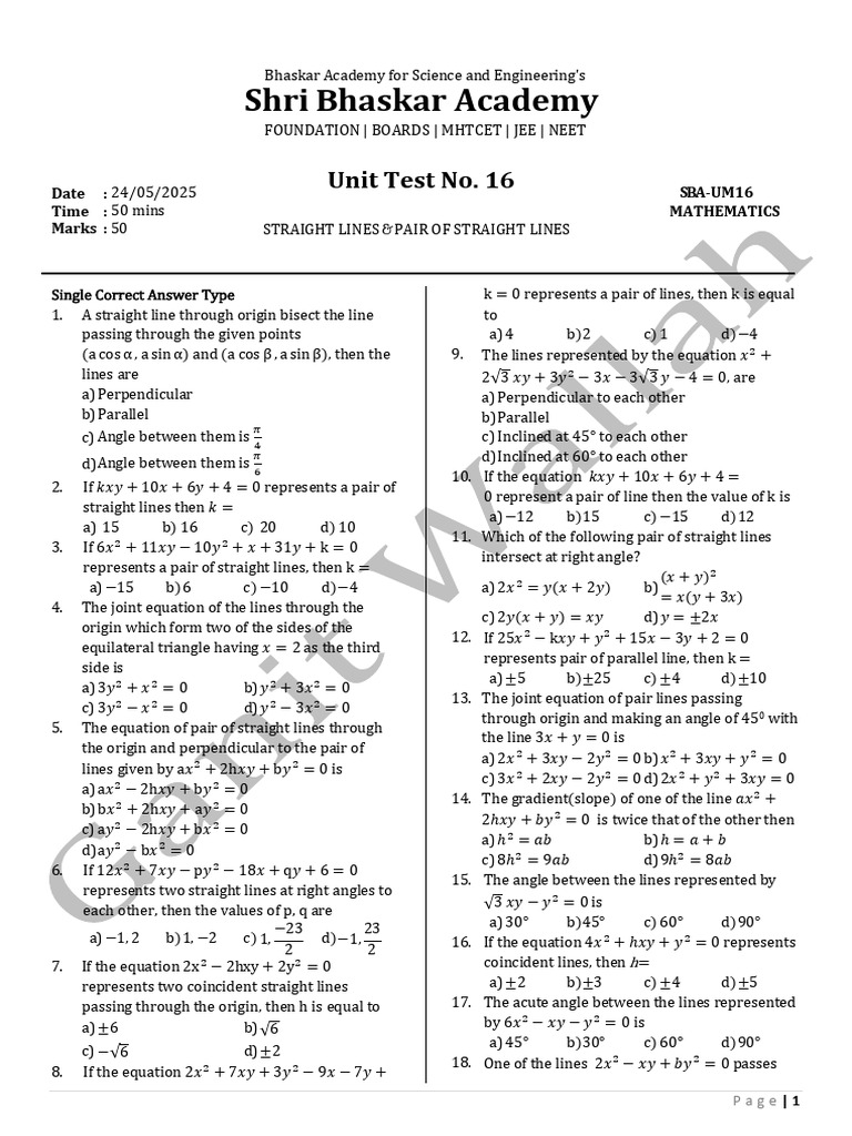 Mathematics Test on Straight Lines | PDF | Line (Geometry) | Angle
