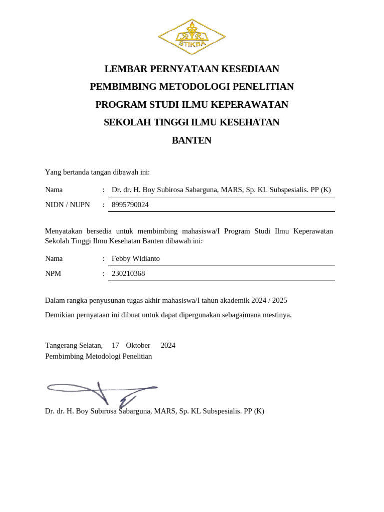 Lembar Pernyataan Bimbingan. Febby Widianto | PDF