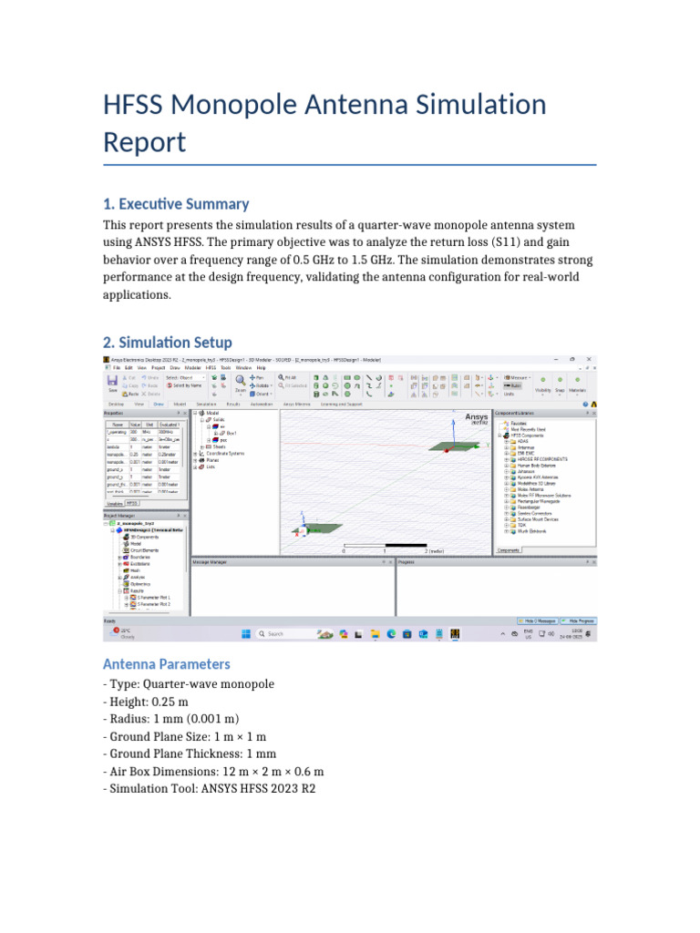 HFSS Monopole Antenna Report | PDF | Antenna (Radio) | Electromagnetic Spectrum