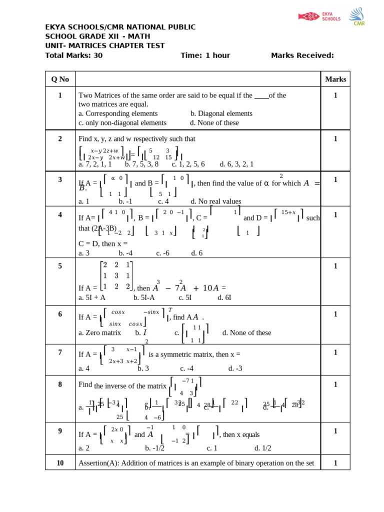 Class 12 Matrices Test Paper | PDF | Matrix (Mathematics) | Operator Theory