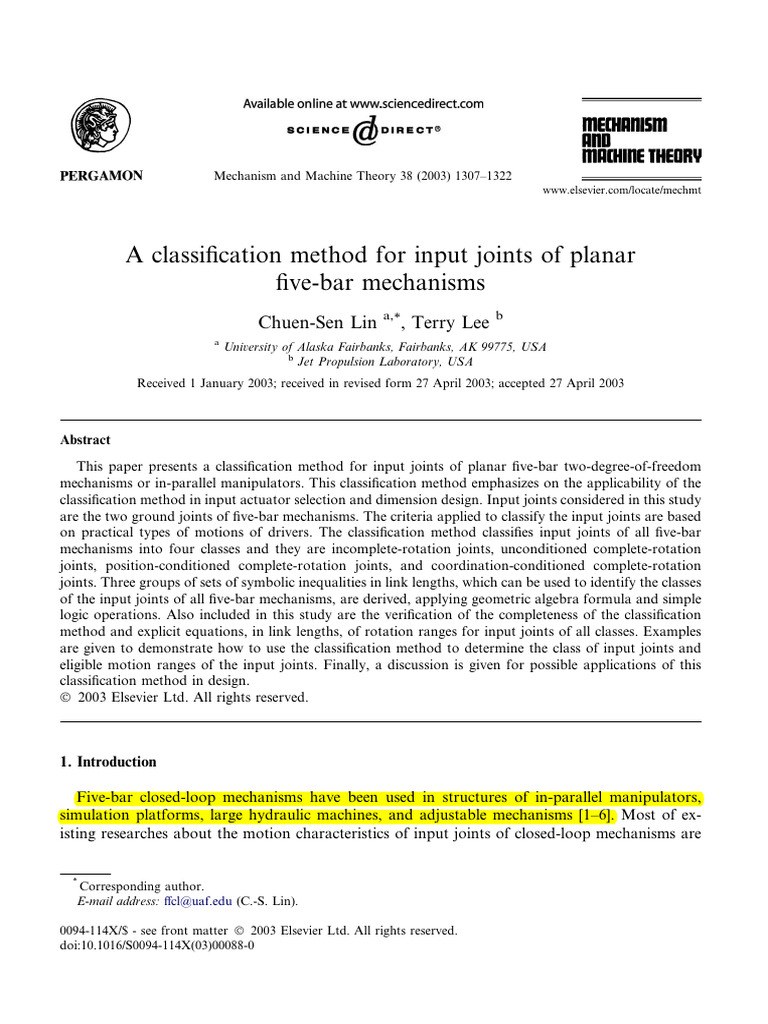 A Classification Method For Input Joints of Planar Five-Bar Mechanisms ...