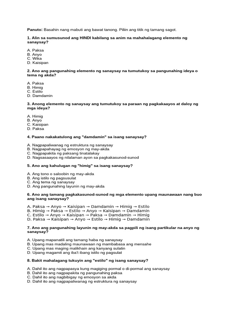 FIL S5 HO4 Sanaysay Assessment (LC1) Elemento NG Sanaysay | PDF