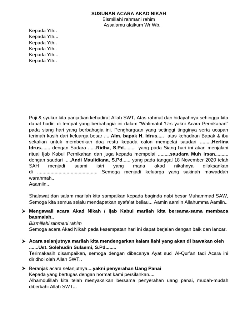 SUSUNAN ACARA AKAD NIKAH Herlina Idrus | PDF