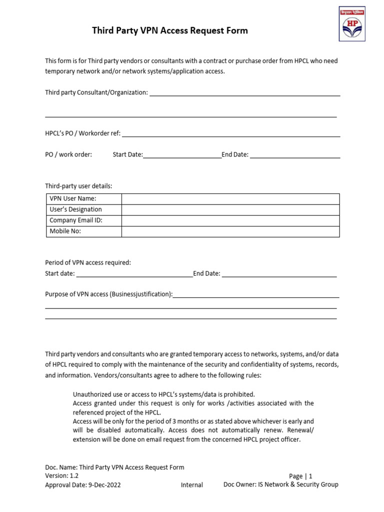 Third Party VPN Access Request Form UCP | PDF | Virtual Private Network ...