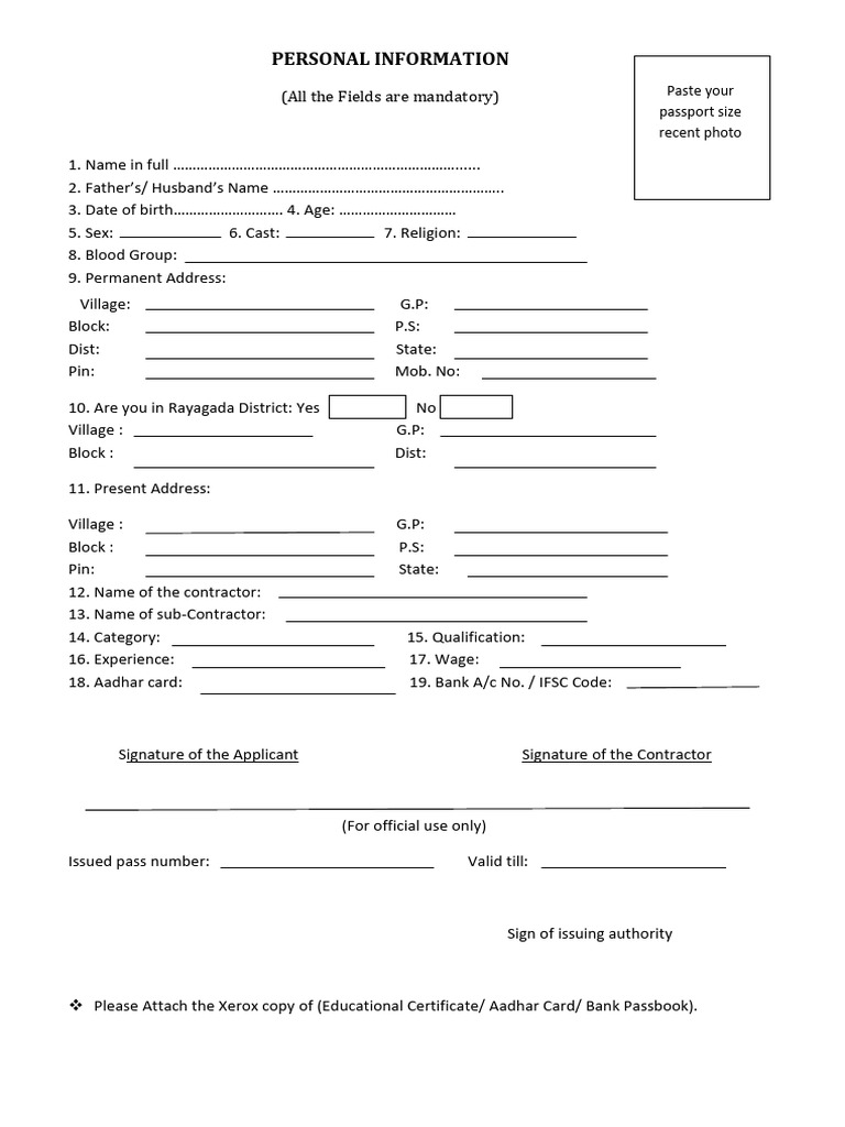 Personal Information Form Template | PDF