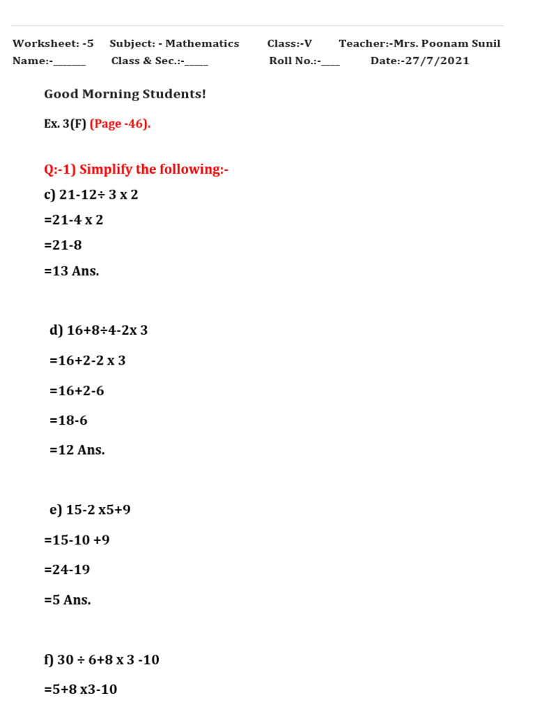 Worksheet 5 Class V Math | PDF