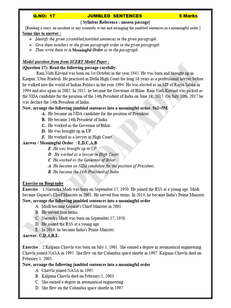 Order Model Question From From SCERT Model Paper:: Q.NO: 17 Jumbled ...