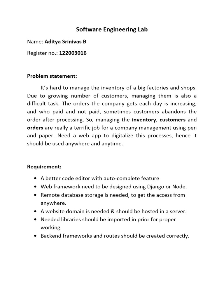Software Engineering Lab: Aditya Srinivas B 122003016 | PDF