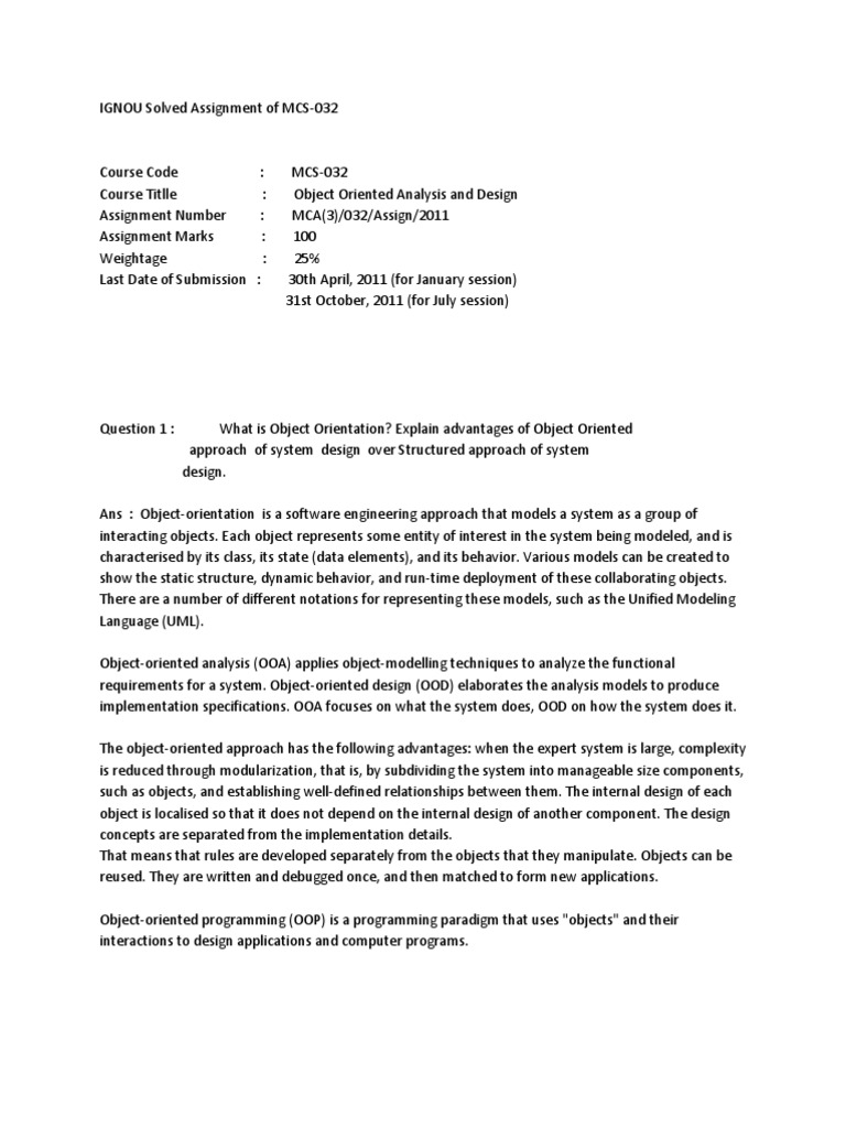 IGNOU Solved Assignment of MCS32 | PDF | Object Oriented Programming | Inheritance (Object ...