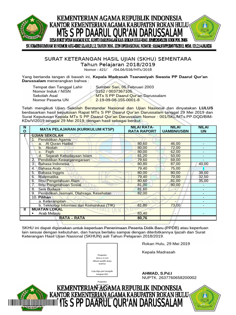SKHU Sementara MTs Tahun 2018/2019 | PDF