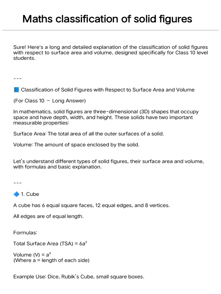 Maths Classification of Solid Figures | PDF | Area | Volume