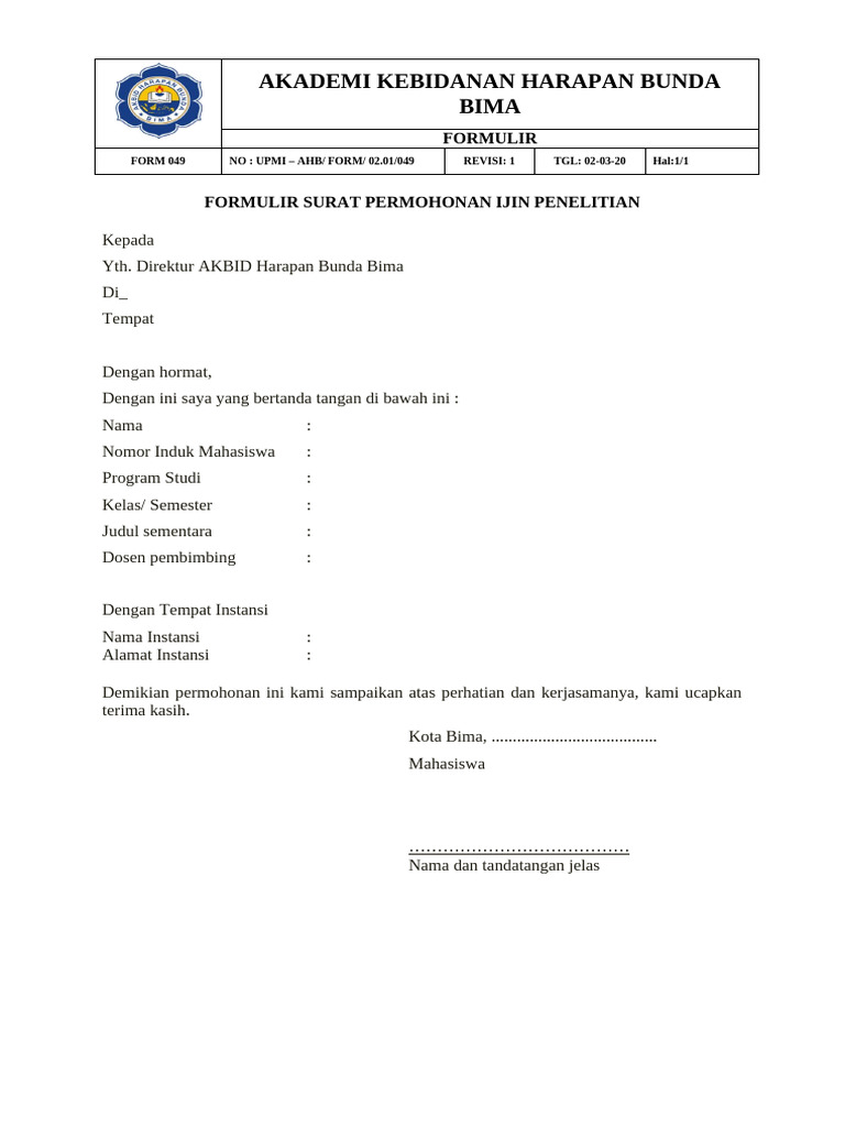 Formulir Permohonan Ijin Penelitian | PDF