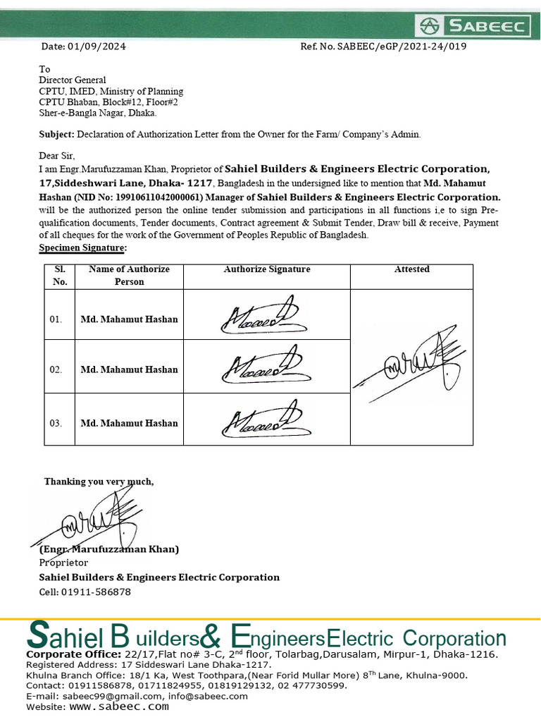 Declaration of Authorization Person Letter To Submit The Tender On ...
