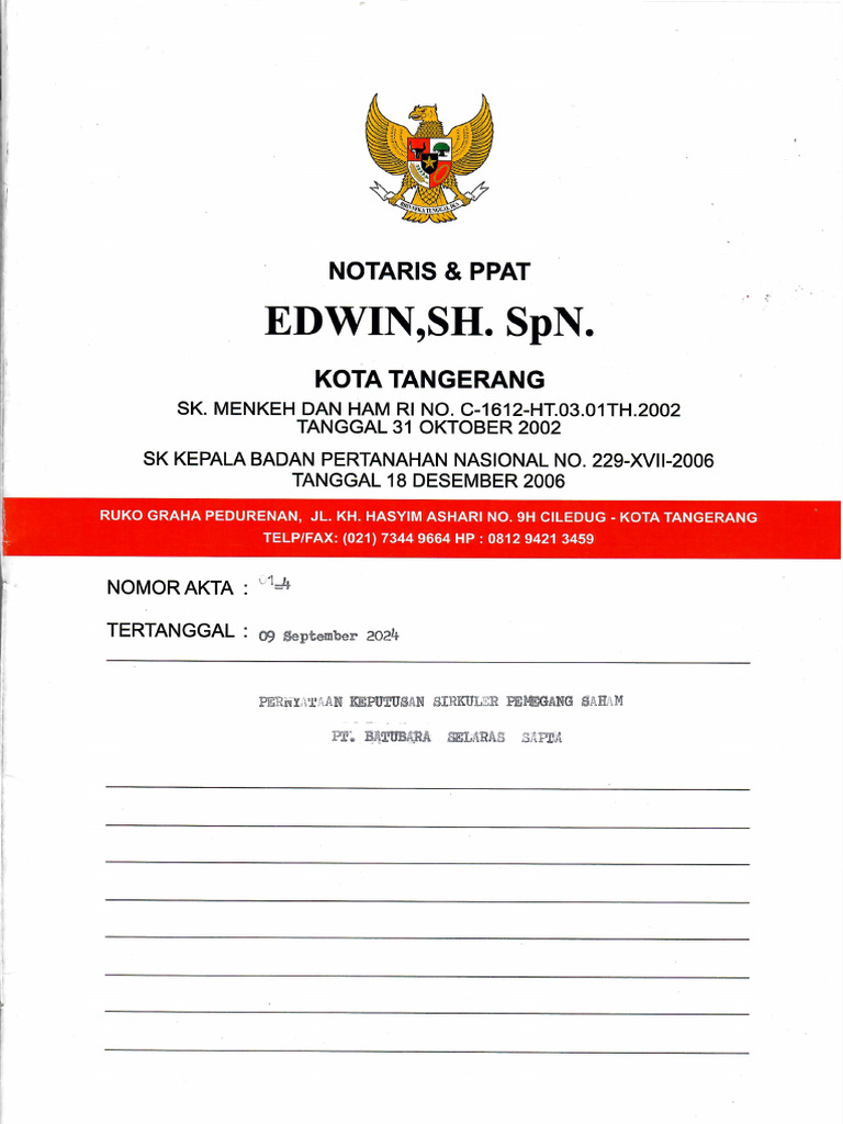 PT BSS - Akta Nomor 04 Tanggal 09 September 2024 | PDF